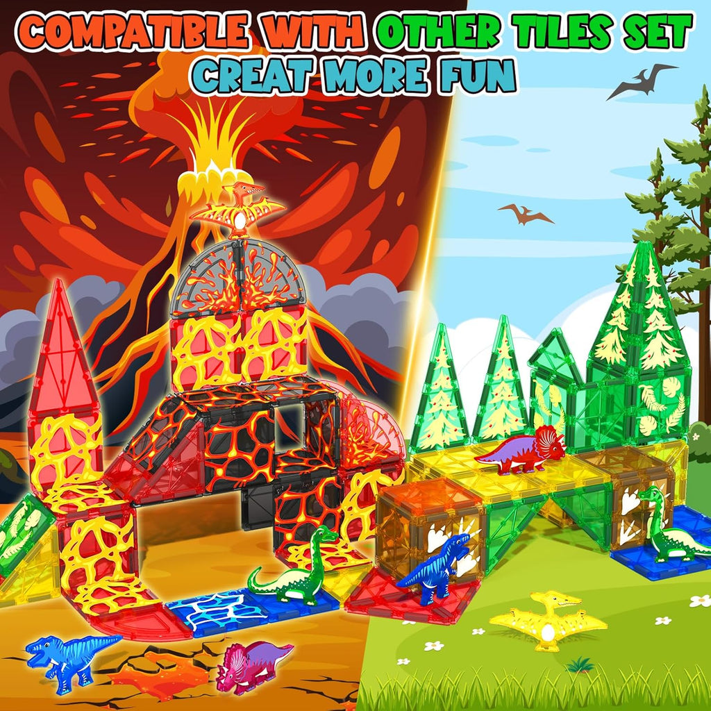 Dinosaur Toy 102-Piece Dinosaur Magnetic Tile Set - STEM Toy With 8 ...